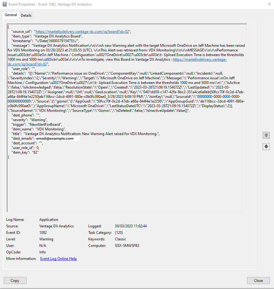 VDX Analytics: Record notifications from VDX Analytics in Event Logs